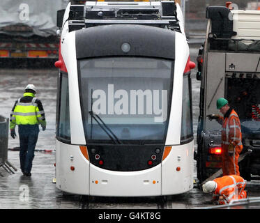 The first tram is delivered to the Gogar depot in Edinburgh. The ...