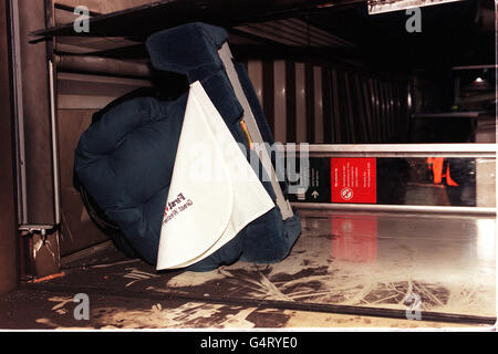 The interior of a crash wrecked train carriage viewed on it's side, as ...