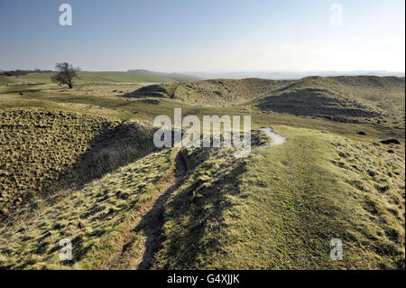 General view of Barbury Castle, an Iron Age hillfort on the Ridgeway ...