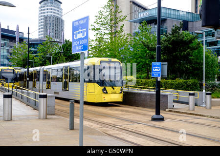 Metrolink tram bound for Eccles at Media City, Salford Quays, UK Stock ...
