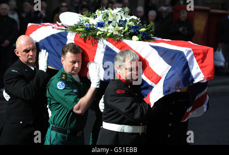 The coffin of Pc David Rathband arrives for his funeral at Stafford ...