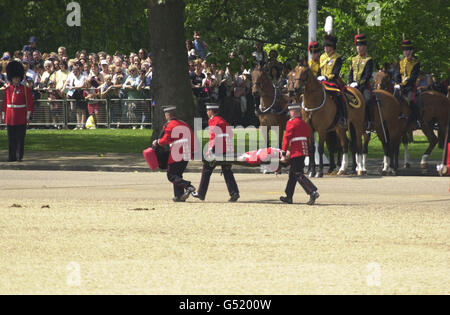 A fainting Guardsman is carried off the parade ground as The Queen ...