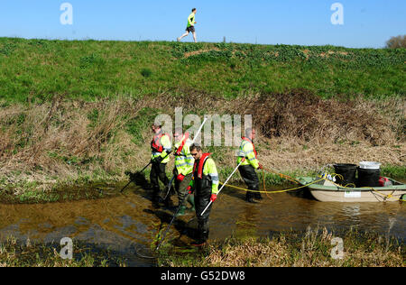 Environment Agency Fisheries officers fishing with electrical fishing ...