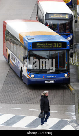 General view of Stagecoach buses in Stockport bus station Stock Photo ...