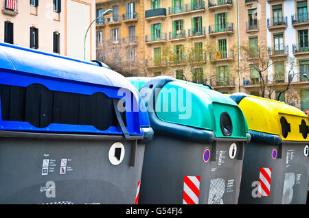 Barcelona, Catalonia, Spain. Recycling bins in the street for Stock ...