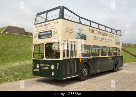 Vintage open top bus at the bus stop at Beamish Open Air Living Museum ...
