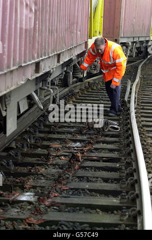 Freight wagons after derailment Stock Photo - Alamy