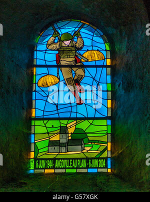 Paratrooper Stained Glass Window memorial St Mere Eglise Church Stock ...