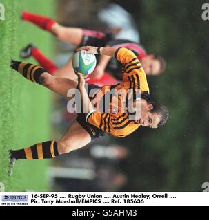 16-SEP-95, Rugby, Orrell v Saracens, Saracens John Buckton tackled by ...