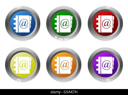 Set of rounded buttons with address book symbol in blue, green, yellow ...