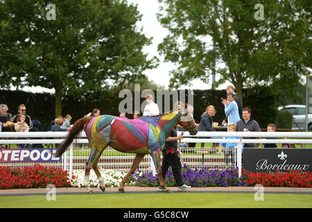A parade of painted horses in the parade ring at Epsom Downs Racecourse ...