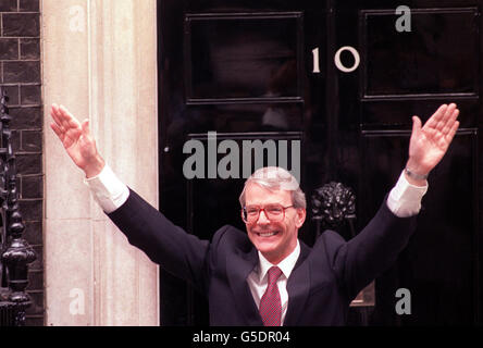 John Major Prime Minister celebrating victory outside 10 Downing Street ...