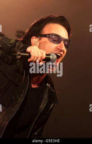 Lead singer of U2, Bono, in concert in San Diego, CA on March 28 2005 ...