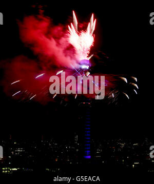 A view of the fireworks and lightshow at the BT Tower to celebrate Team ...