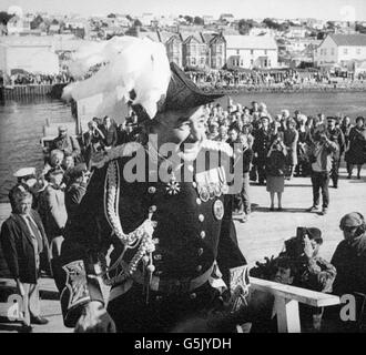 Rex Hunt, governor of the Falkland Islands, waves on the steps of an ...