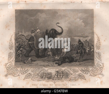 SIEGE OF MULTAN 1849. Houdah of Moolraj's elephant hit by a cannonball ...
