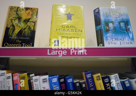 Reading large print library book through magnifying loupe Stock Photo ...