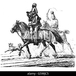 mail / post, postman, riding postillion blowing post horn, 17th century ...