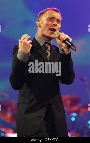 Ronan Keating in concert at Wembley Arena in London. Live. Half Length ...