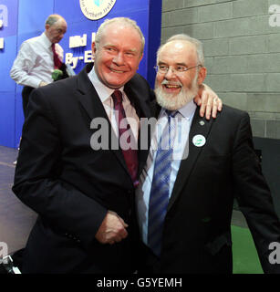 Sinn Fein MP for Mid Ulster Cathal Mallaghan celebrates his election ...