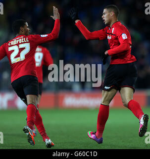 Cardiff City's Rudy Gestede (left) and Craig Noone celebrates gaining ...