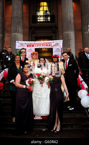 Miranda Hart, bride Claire Gilchrist and her father Stuart arrives at ...