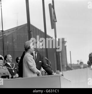 Queen Elizabeth II launching the Cunard Cruise Liner, The QE2 in the ...