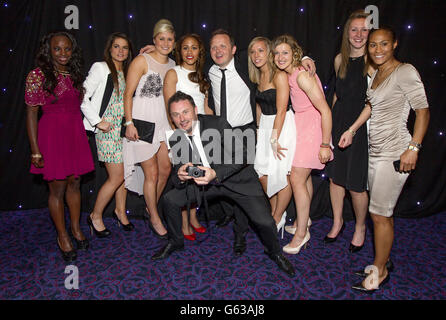A guest (front) with (left to right) Eniola Aluko, Claire Rafferty ...