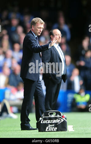 David Moyes (Everton manager) at the Chelsea v Everton EPL match, at ...