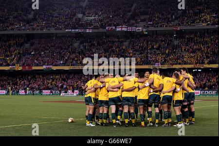 British and Irish Lions players huddle during the Qatar Airways Lions ...