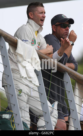 Coach Darren Lehmann (left) and captain Steve Smith inspect the pitch ...