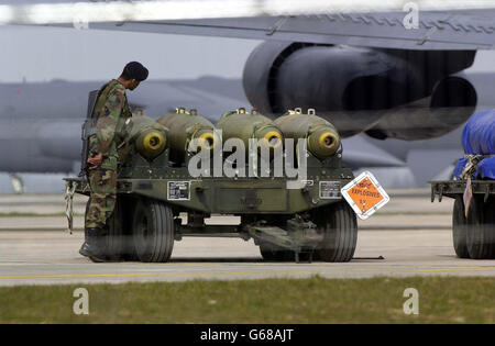 Racks of explosives await loading onto B52 bombers at RAF Fairford ...