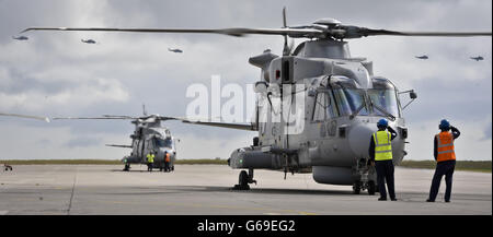 Royal Navy Merlin military helicopter with folded tail and rotor on the ...