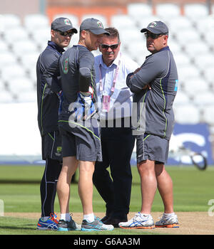 Coach Darren Lehmann (left) and captain Steve Smith inspect the pitch ...