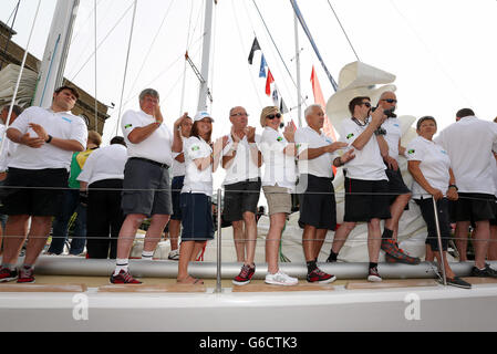 Clipper crew members aboard the yacht Mission Performance Stock Photo ...