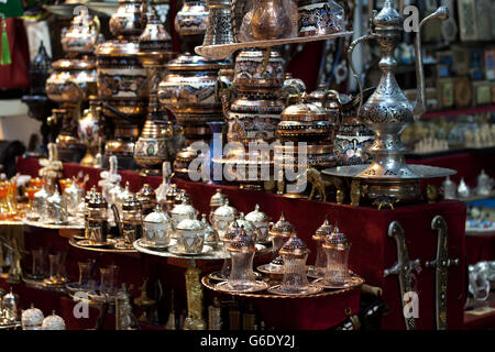 Traditional tea sets at Grand Bazaar in Istanbul, Turkey. Golden color ...