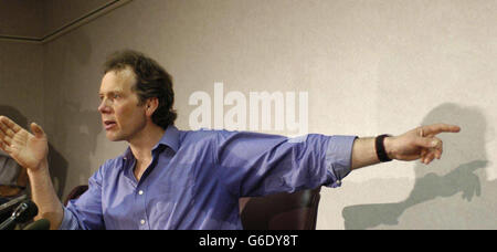 British explorer Pen Hadow talks during a press conference at Heathrow ...
