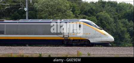 A Eurostar train travels through Ashford in Kent, on a test run on the ...