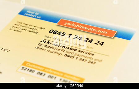 A general view of a Yorkshire Water utility bill. A general view of a ...