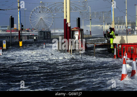 Blackpool Main Promenade under flood water following high tide and a ...