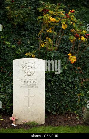 The headstone of British WWI soldier George Ellison who was one of the ...