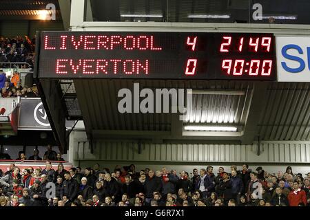A general view of the scoreboard reading Liverpool 3 - Arsenal 1 at ...