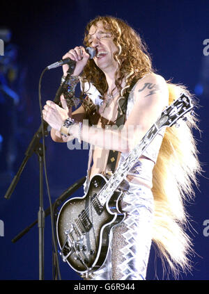 Lead singer of The Darkness Justin Hawkins during the Kerrang! Day of ...