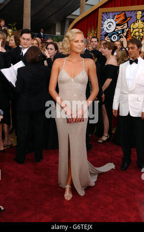 Charlize Theron arrives at the Oscars on Sunday, Feb. 9, 2020, at the ...