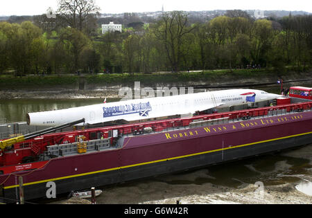 The last British Concorde on a barge by the River Thames at Isleworth ...
