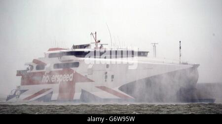 The Hoverspeed Seacat sails into its stormy Dover port in Kent, to ...