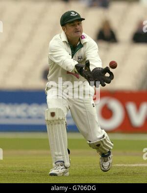 Worcestershire wicket-keeper Steve Rhodes celebrates taking the catch ...