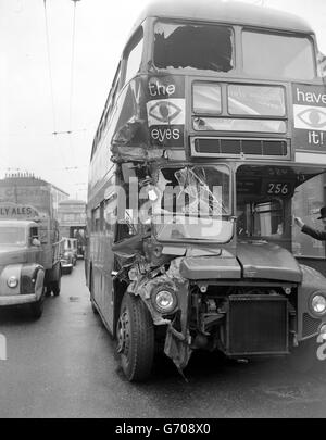 The shattered driver's cab of one of London Transport's new Routemaster ...
