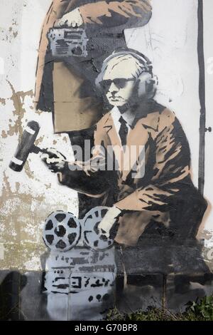 Detail of a new Banksy artwork which has appeared on a police sentry ...