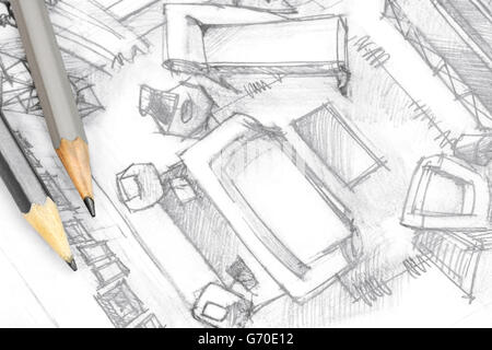 top view graphical sketch of living room furniture with pencil Stock ...